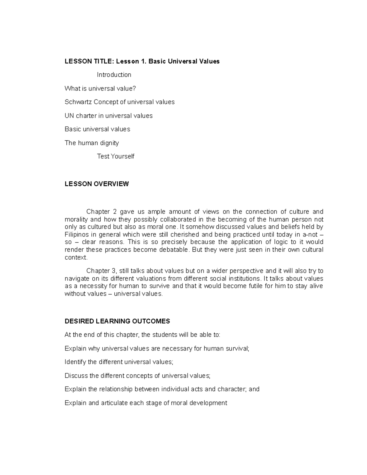 Ethics CH 3: Lesson 1 - Understanding Basic Universal Values - Studocu