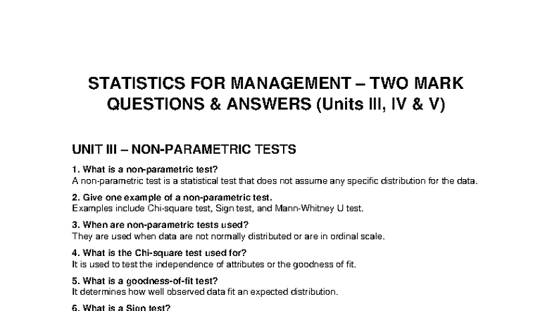 STATISTICS FOR MANAGEMENT: UNITS IV & V TWO MARK QUESTIONS - Studocu