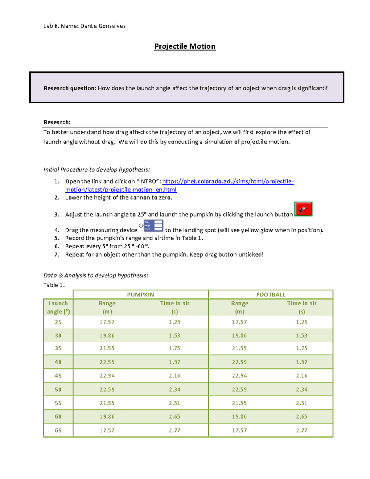 Projectile Motion Lab 6: Impact of Launch Angle on Trajectory - Studocu