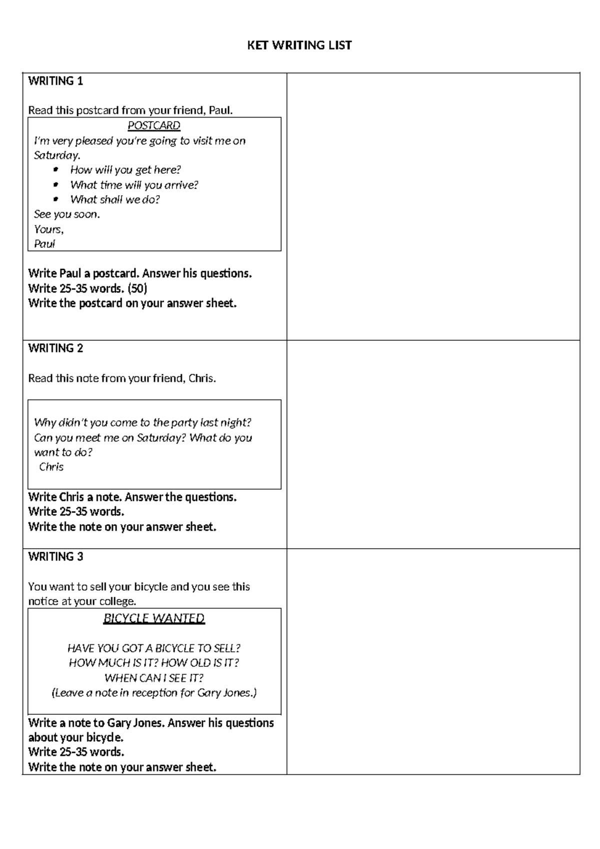 KET Writing List: Postcard and Note Writing Exercises - Studocu