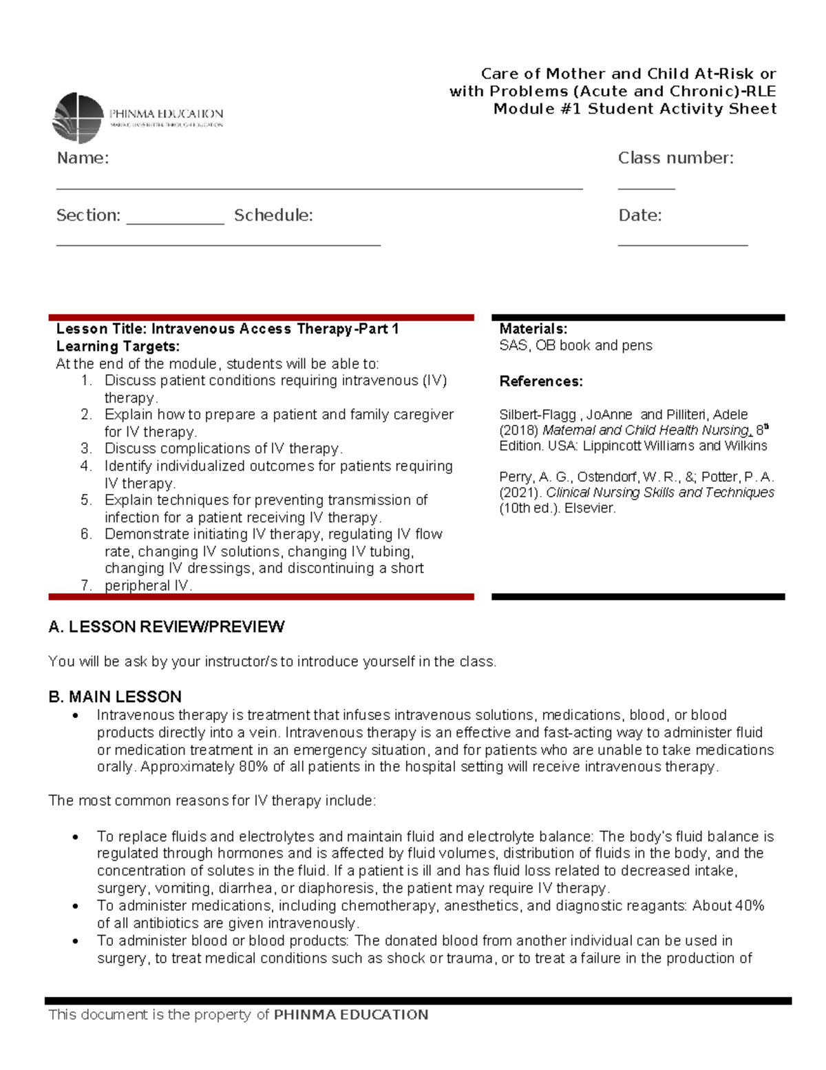 OB2RLE SAS 1 - Intravenous Access Therapy Lesson and Activity Sheet - Studocu
