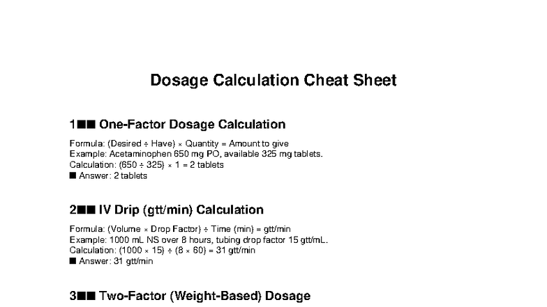 Dosage Calculation Cheat Sheet: Quick Reference Guide - Studocu
