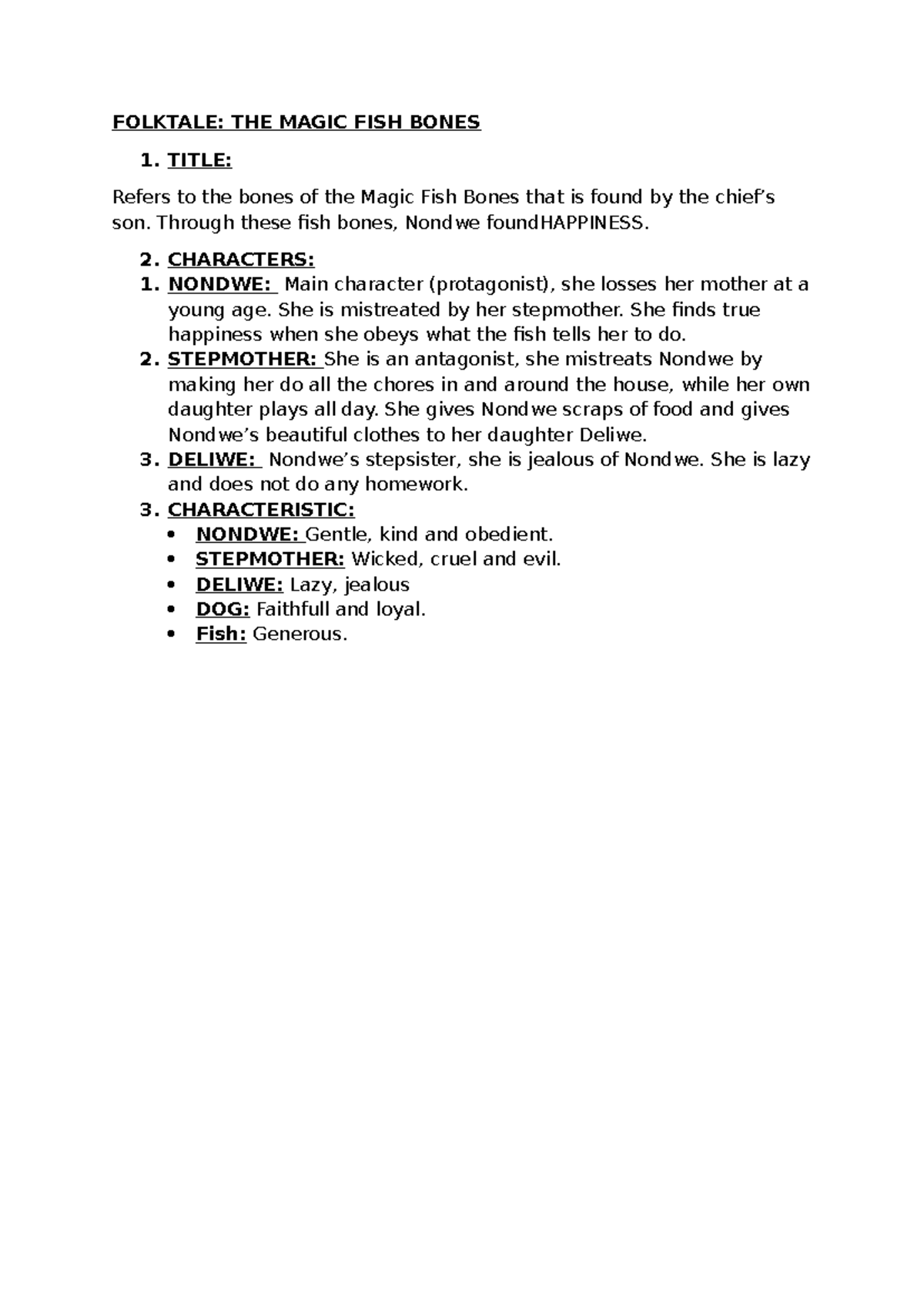 Folktale Analysis for Grade 8 - The Magic Fish Bones - Studocu