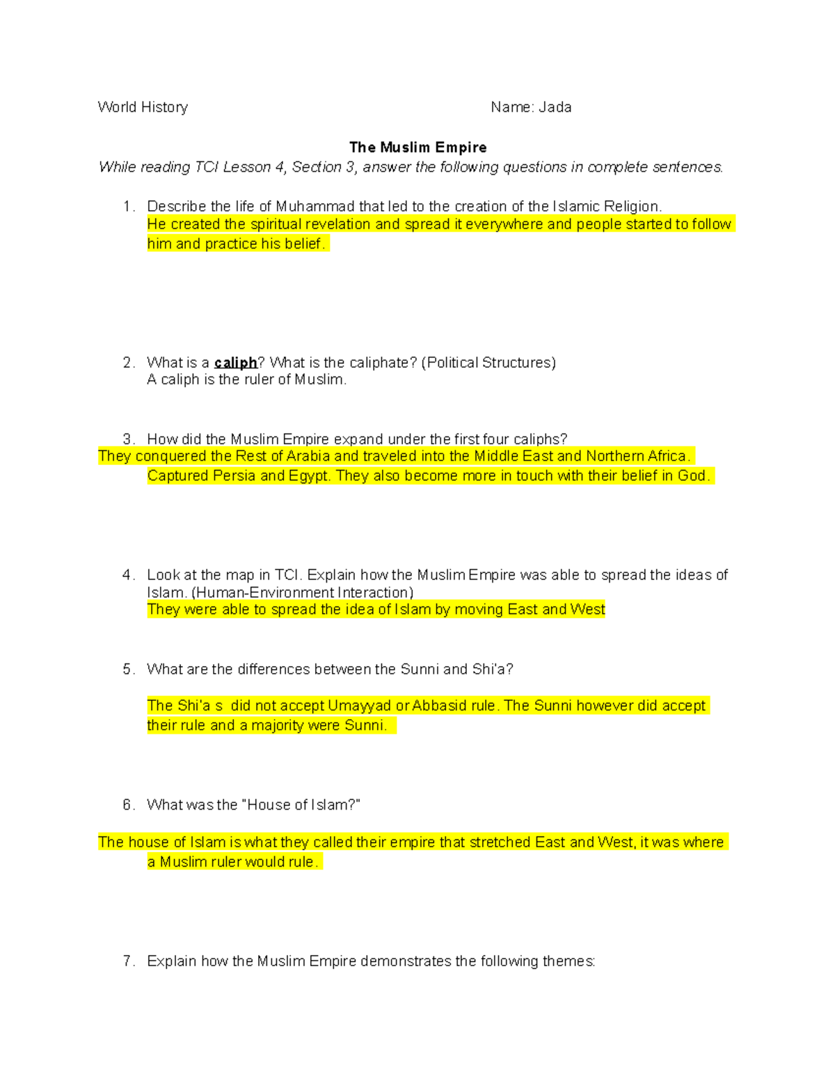 World History: Comprehension Questions on the Muslim Empire - Studocu
