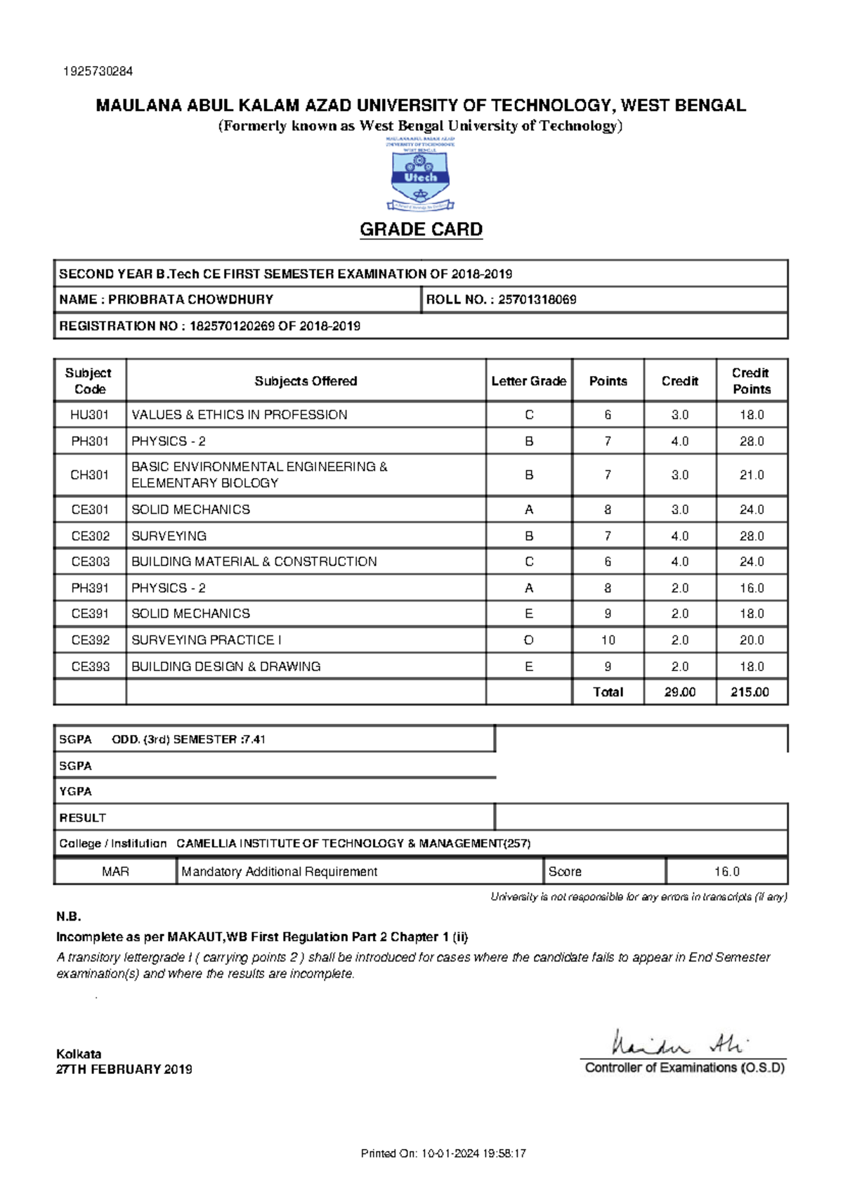 B.Tech CE 2nd Year 1st Sem Grade Card - Priobrata Chowdhury - Studocu