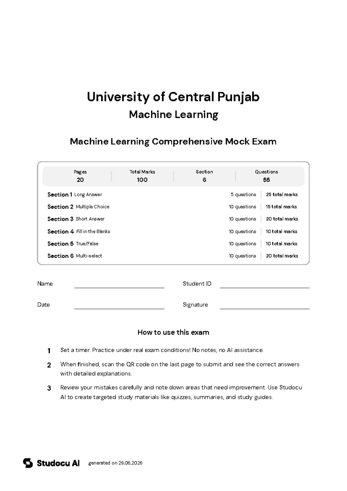 Machine Learning Comprehensive Mock Exam - Studocu