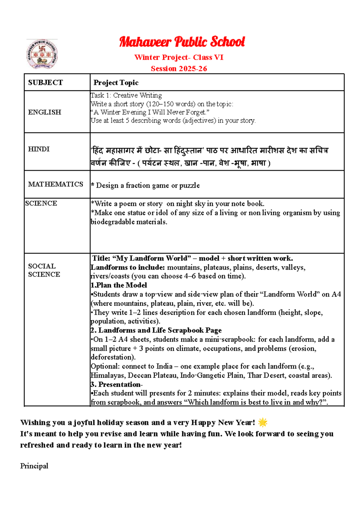 Class VI Winter Project 25-26: Creative Writing & Landform Models - Studocu