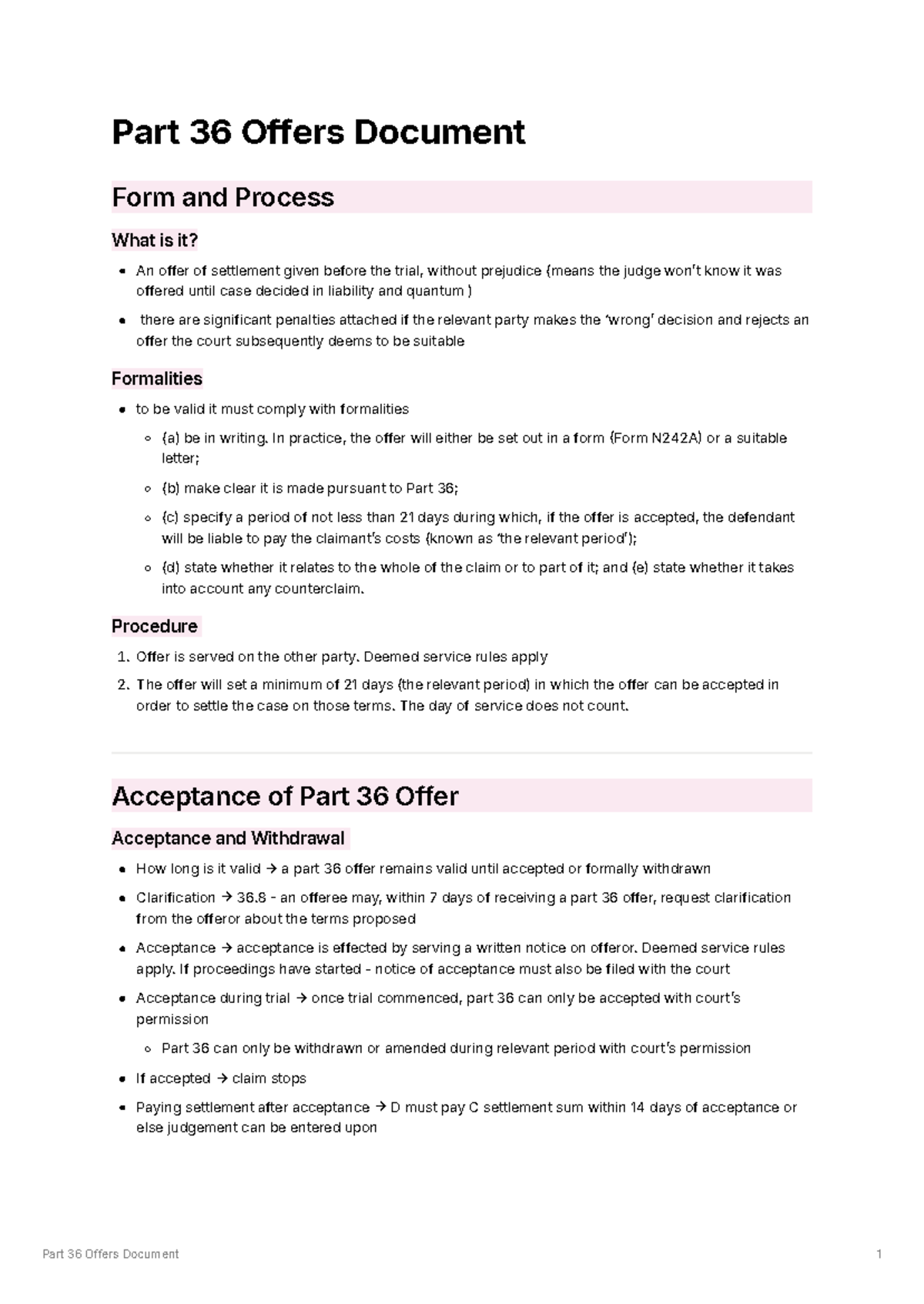 Part 36 Offers Summary: Understanding the Settlement Process - Studocu