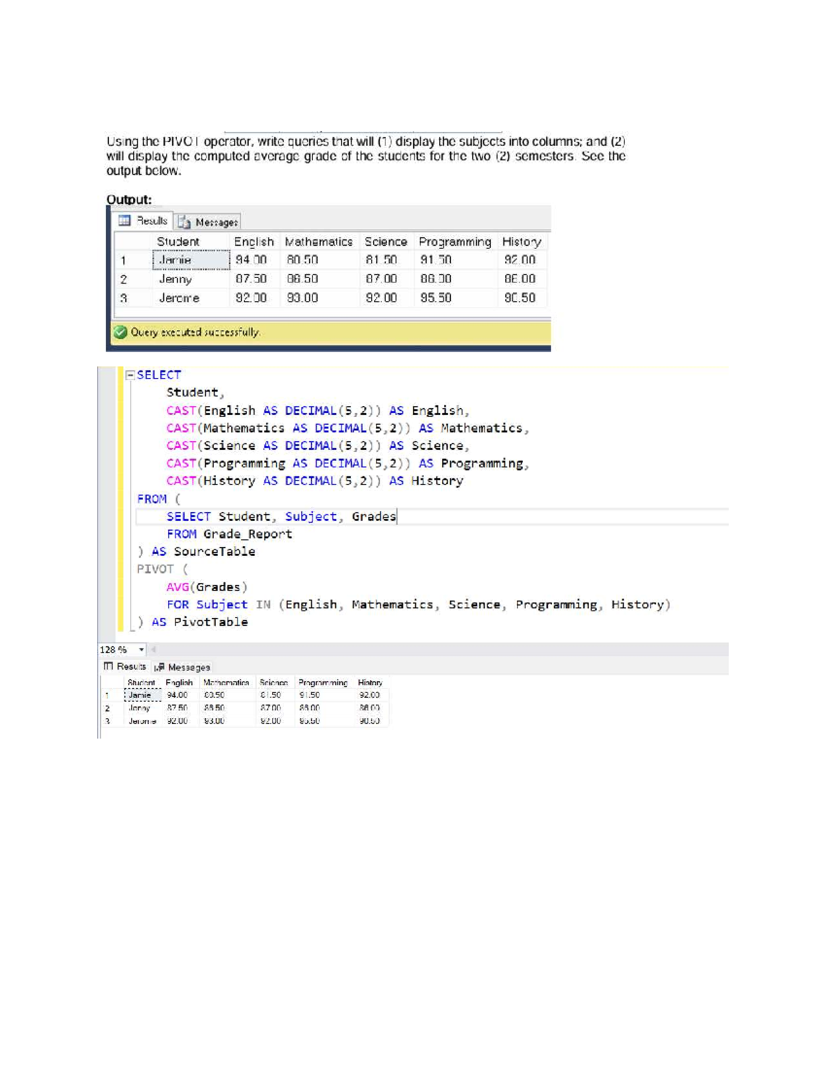 Advanced Database Systems 04: PIVOT Operator Queries for Grades - Studocu