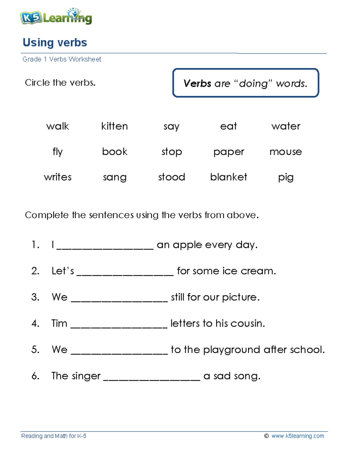Grade 1 Verbs Worksheet: Circle and Complete the Sentences - Studocu