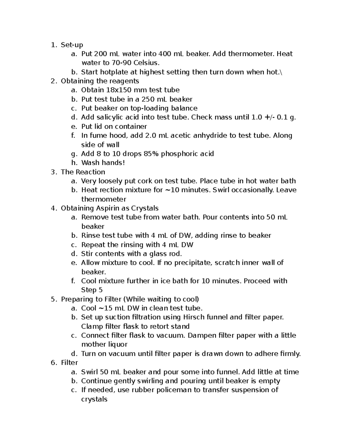 Aspirin Synthesis Procedure (CHEM 101) - Flow Chart 4 - Studocu