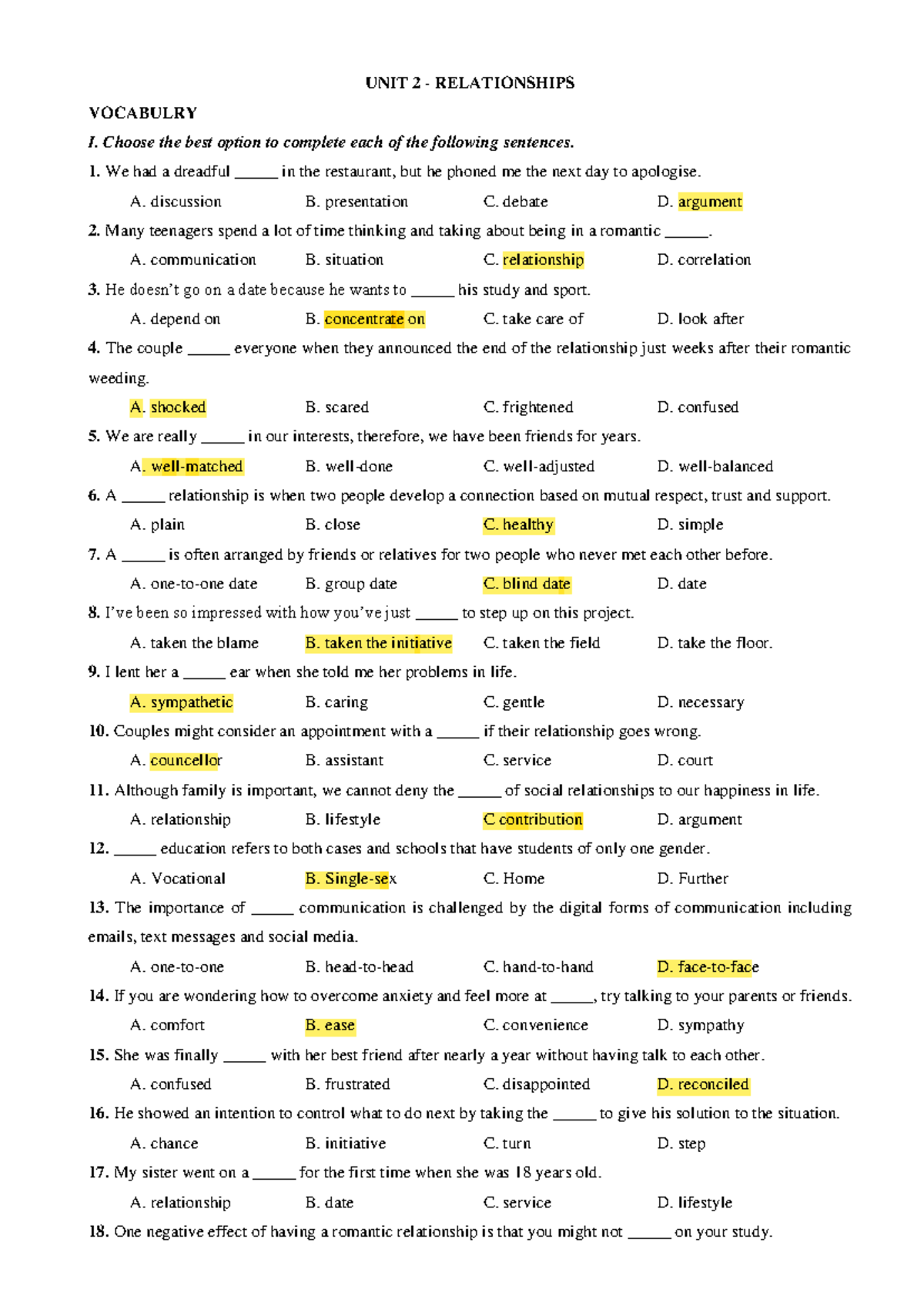 UNIT 2 - Relationships: Vocabulary and Grammar Exercises - Studocu