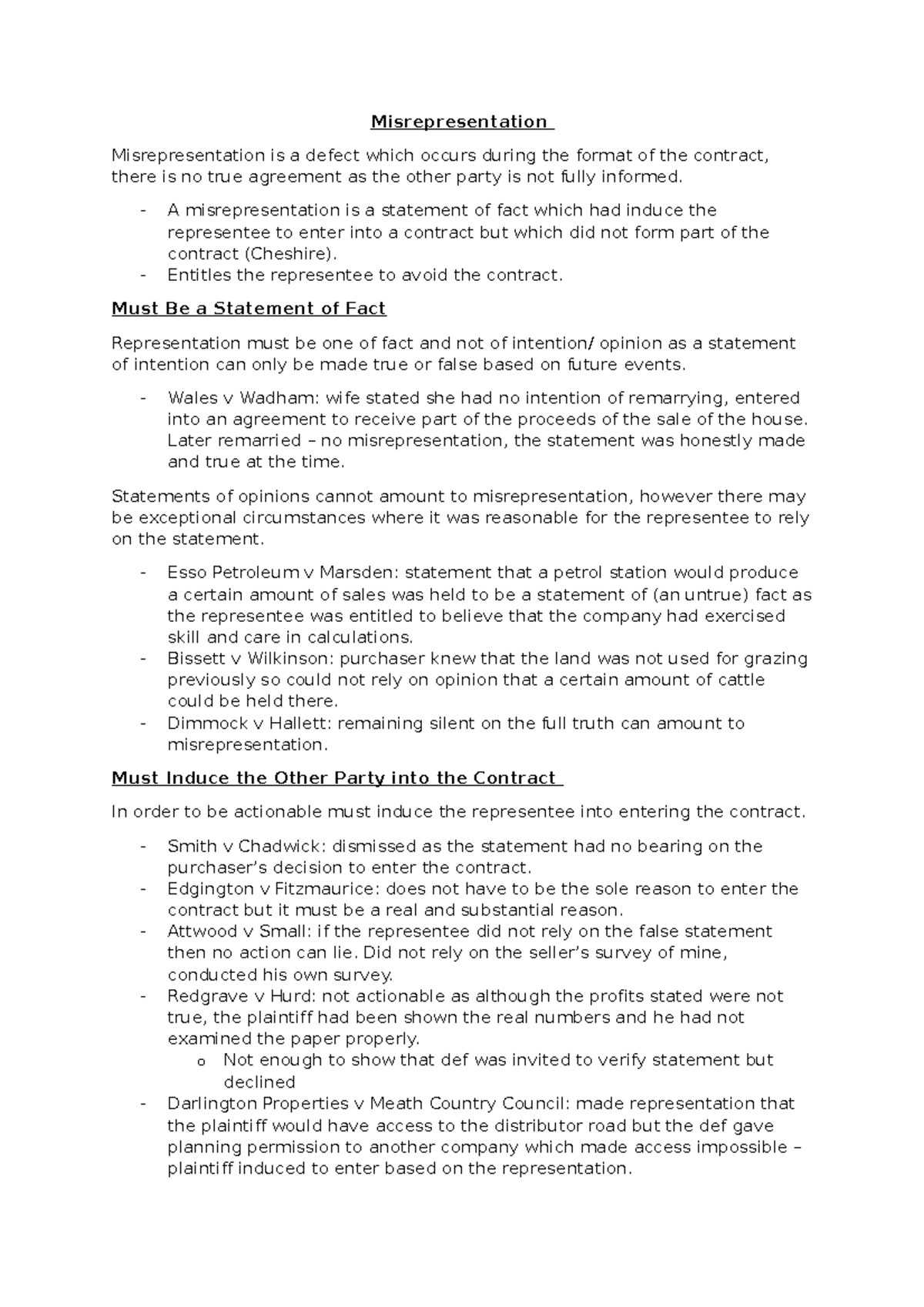 Misrepresentation in Contract Law - FE1 Notes and Cases Analysis - Studocu