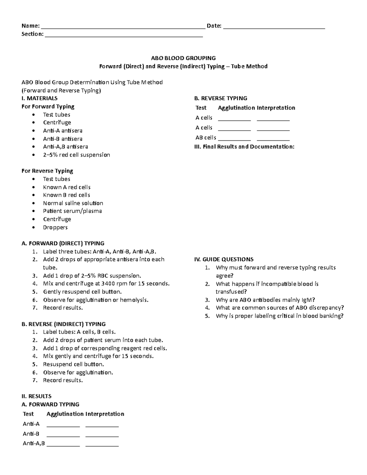 ABO Blood Grouping: Forward & Reverse Typing Tube Method (Worksheet 4 ...