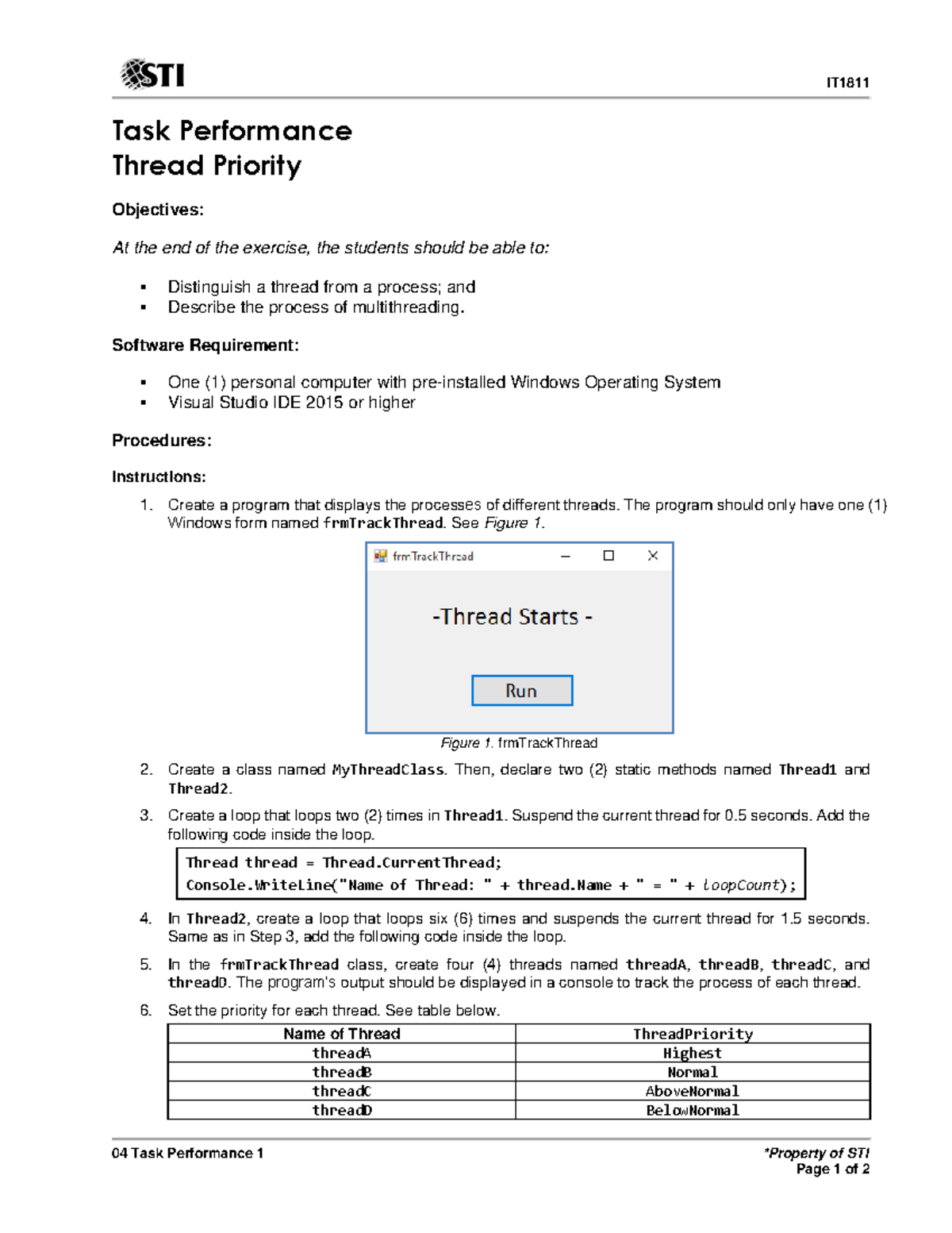 IT1811 Task Performance: Thread Priority & Multithreading Objectives - Studocu
