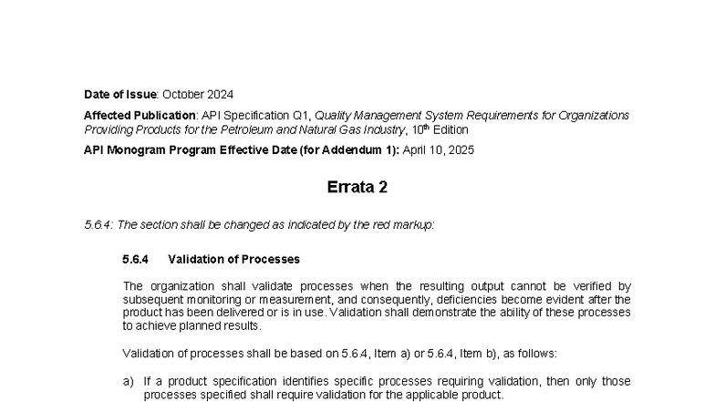 API Spec Q1 10th Ed Errata 2: Validation of Processes Update - Studocu