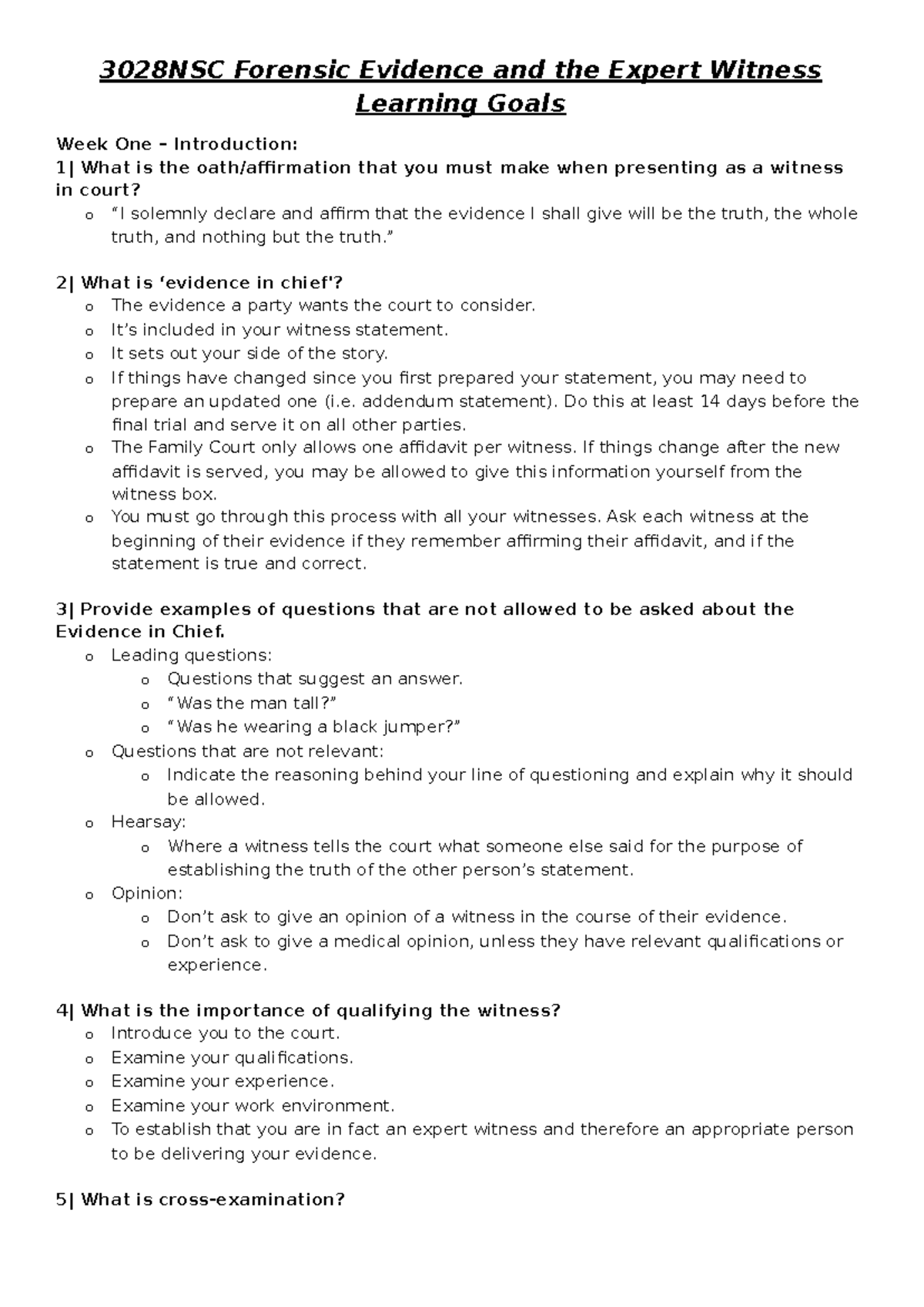 3028NSC Forensic Evidence: Expert Witness Learning Goals Week 1 - Studocu