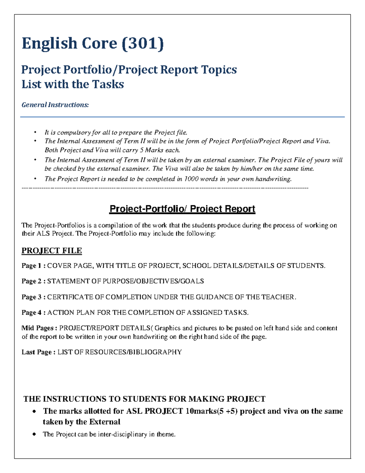 Project Report Guidelines for English Core (301) - Class XII 2024-2025 ...