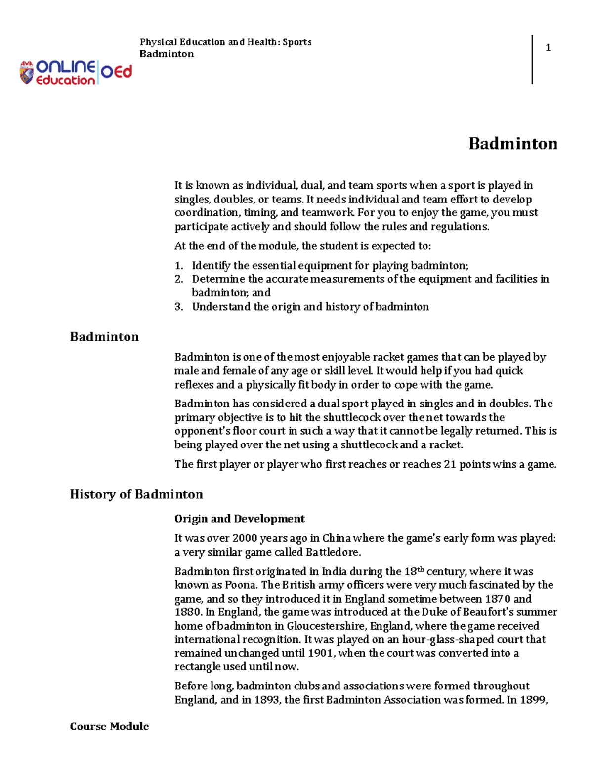 Module 1-2 - 1st-2nd quarter - Badminton 1 Badminton It is known as ...