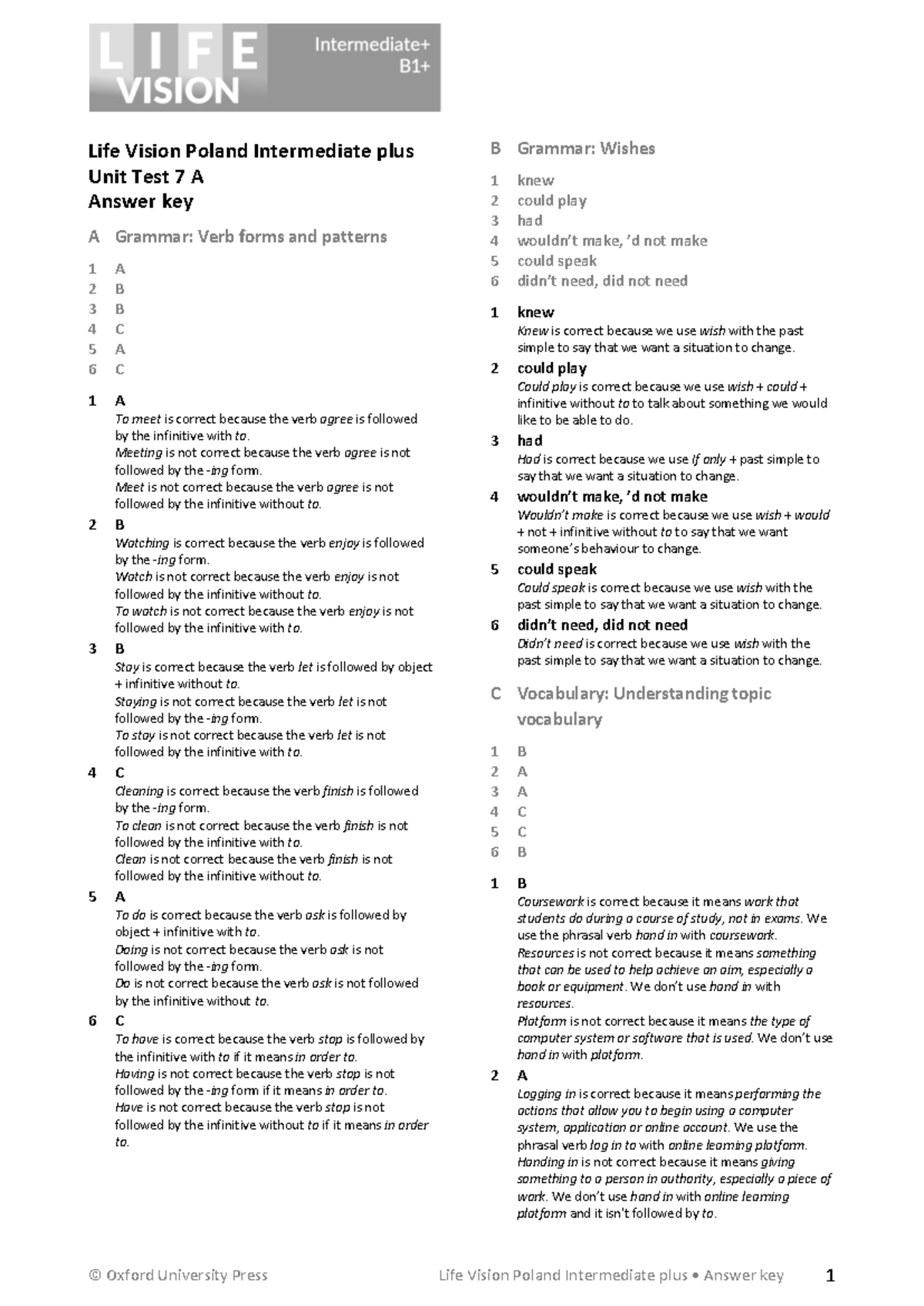 Life Vision Poland Intermediate Plus (Lif vis pol intp) Unit 7A Answer ...