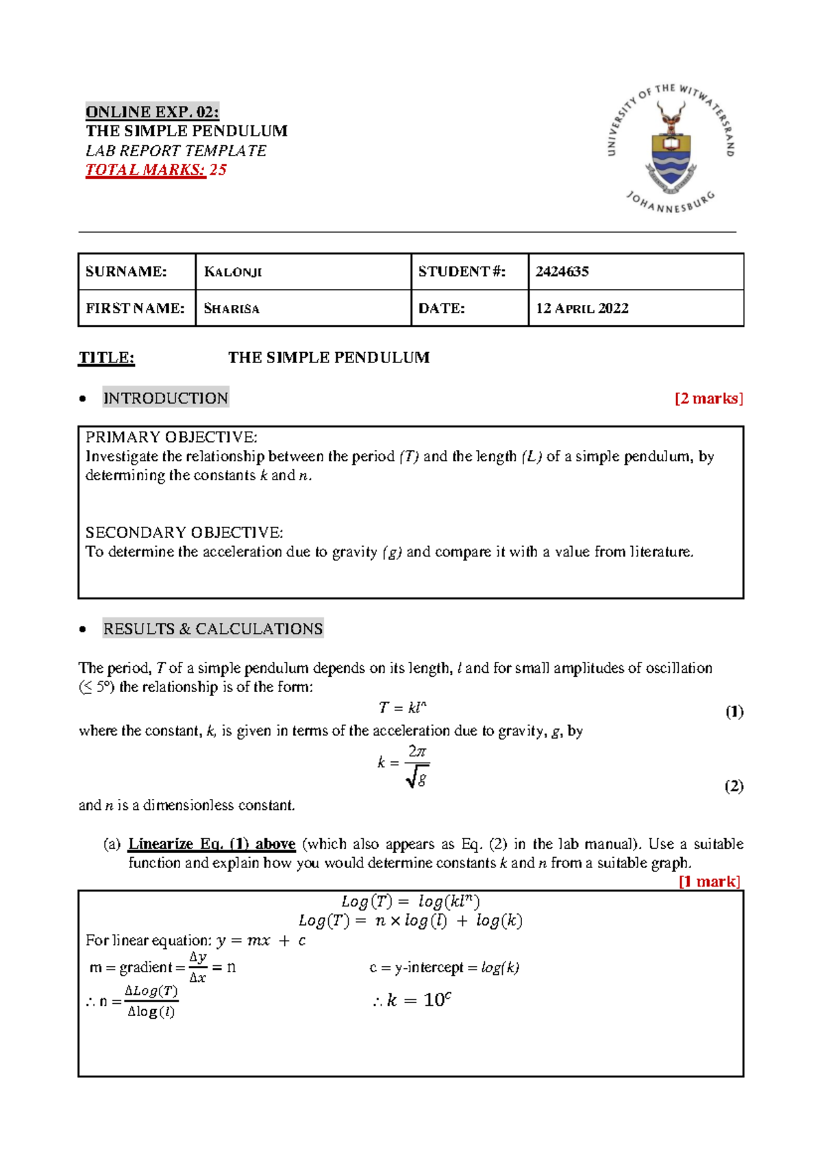 EXP02 Online LAB - Lab 2 Simple pendulum - ONLINE EXP. 02: THE SIMPLE ...
