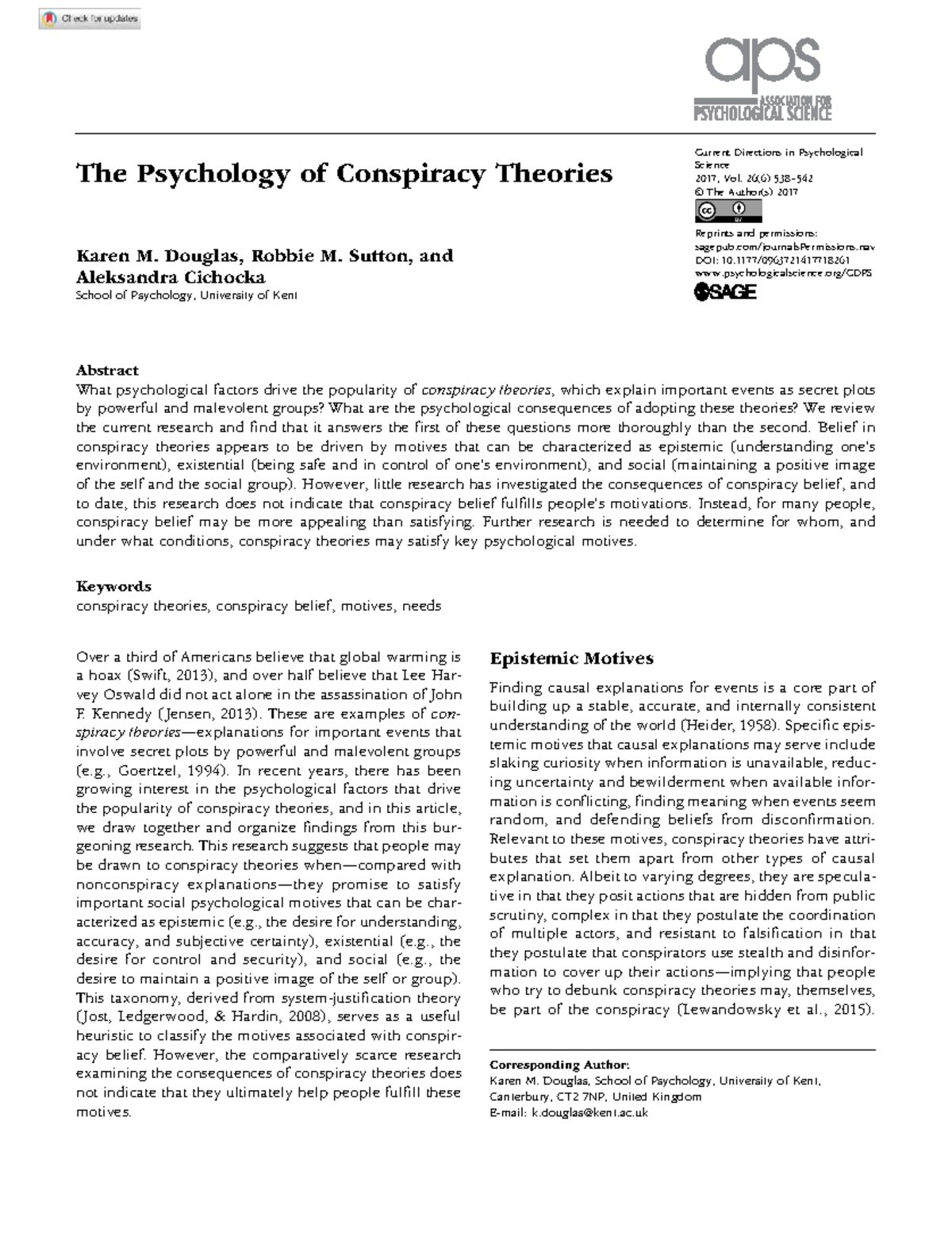 Psychology of Conspiracy Theories: Insights from Douglas et al. (2017 ...