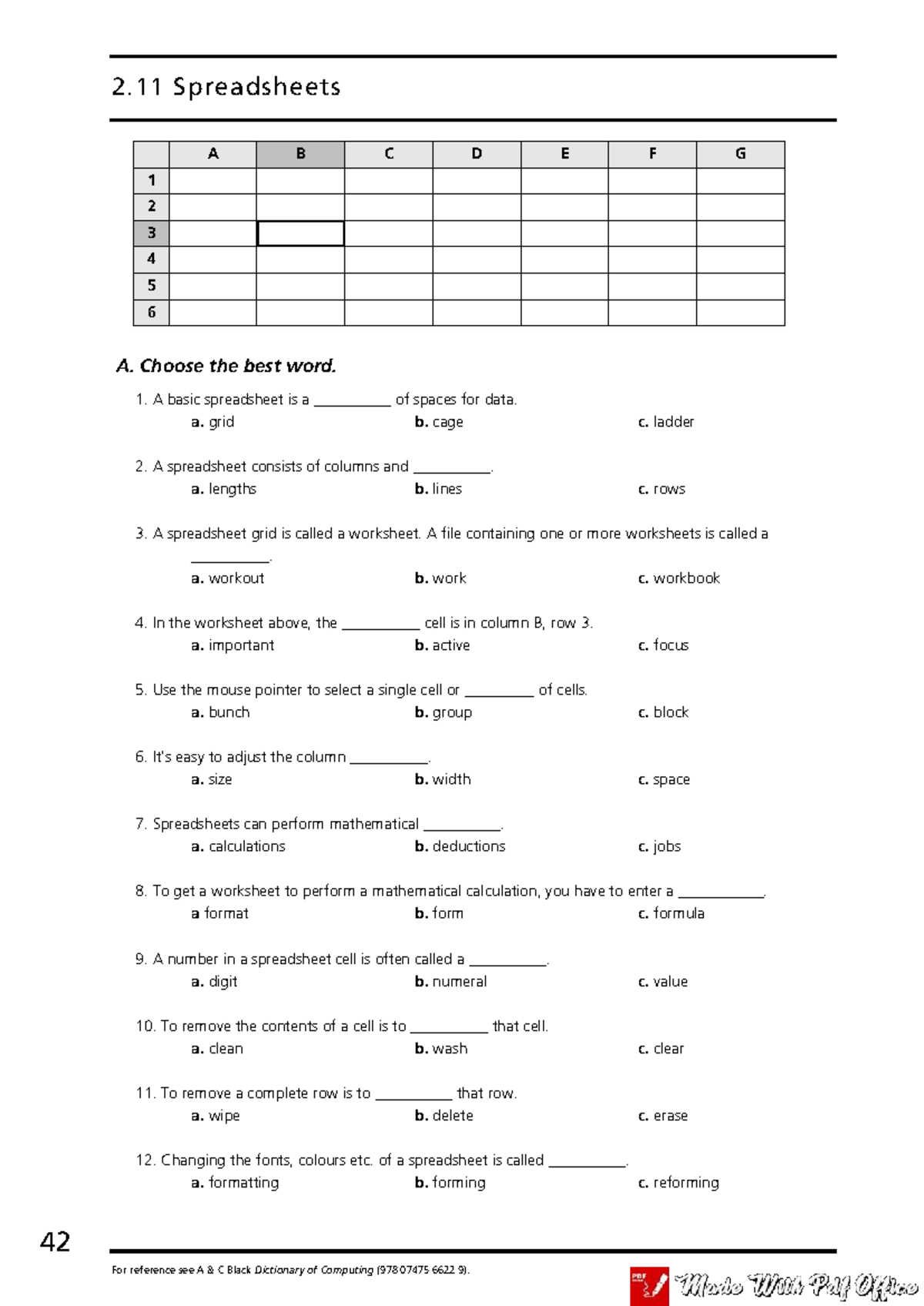 Quiz on Spreadsheet Basics: Key Terms and Functions (Course Code: 7927 ...