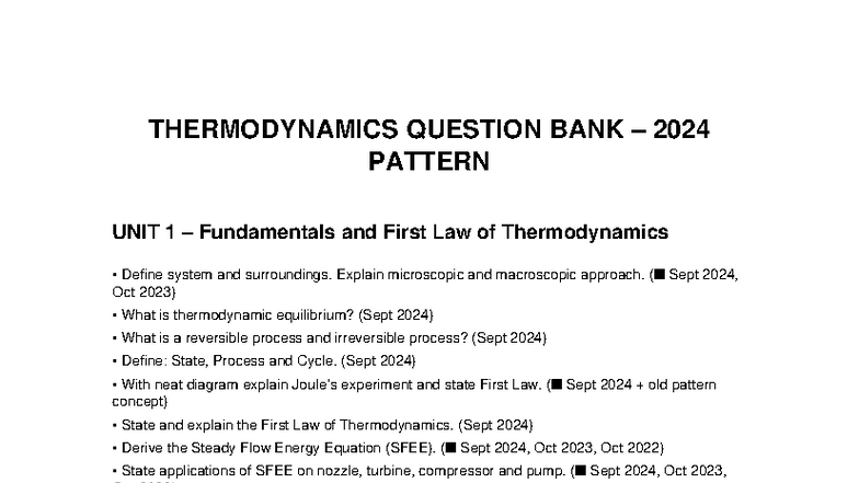 Thermodynamics PYQs 2024 Pattern: Unit 1 to Unit 5 Overview - Studocu