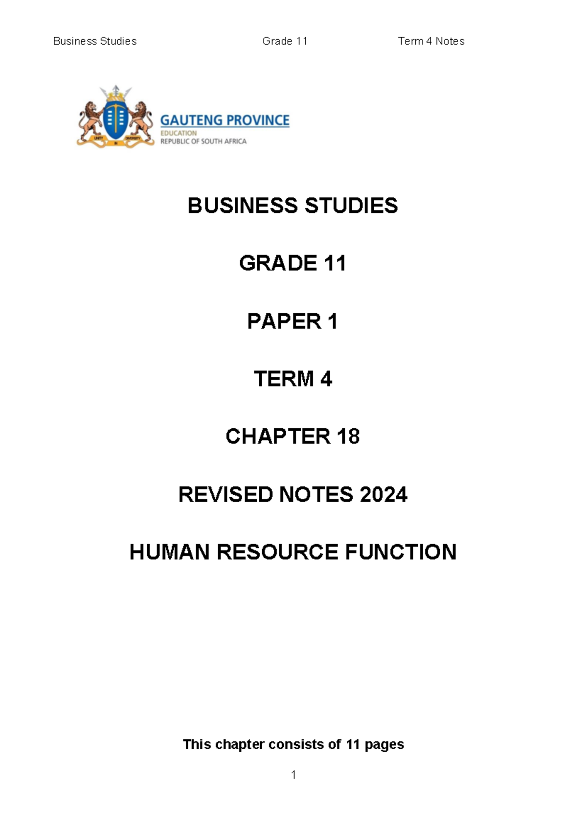 BUSINESS STUDIES GRADE 11 TERM 4 CHAPTER 18 HR FUNCTION NOTES - Studocu