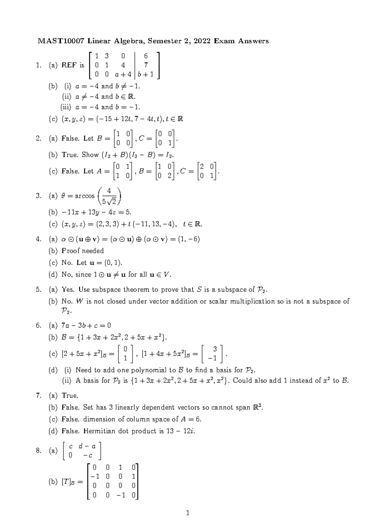 MAST10007 Semester 2 2022 Linear Algebra Exam Answers - Studocu