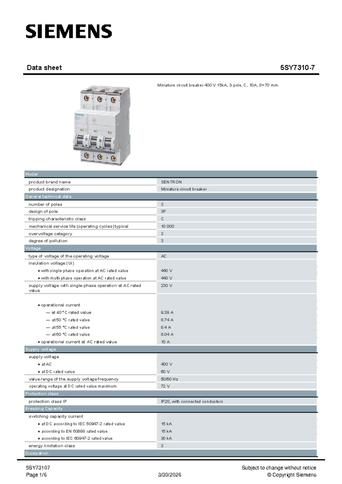 Data Sheet: Miniature Circuit Breaker 400V 15kA C 10A Specifications ...