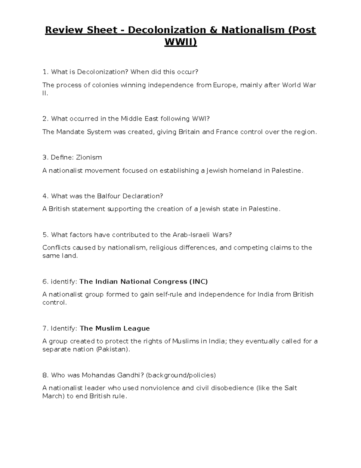 Decolonization & Nationalism Review Sheet - Global History II Regents ...