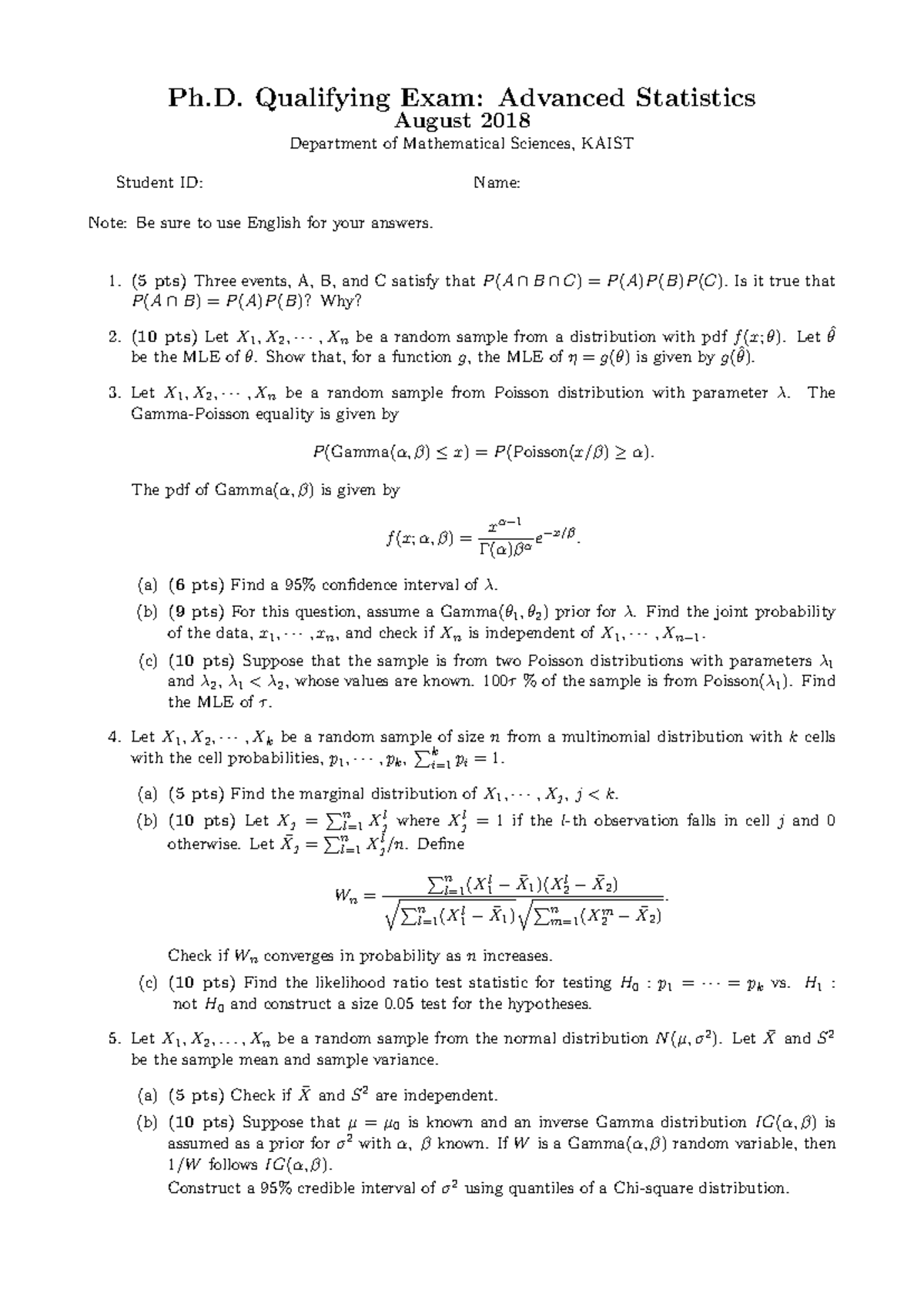 Ph.D. Qualifying Exam: Advanced Statistics (MATH 701) - Aug 2018 - Studocu