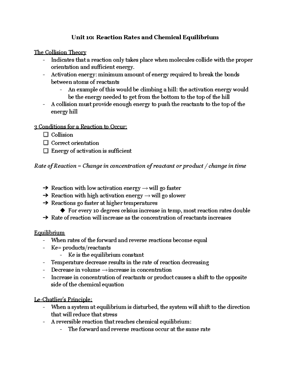 Chemistry 101: Unit 10 Notes on Reaction Rates & Equilibrium - Studocu