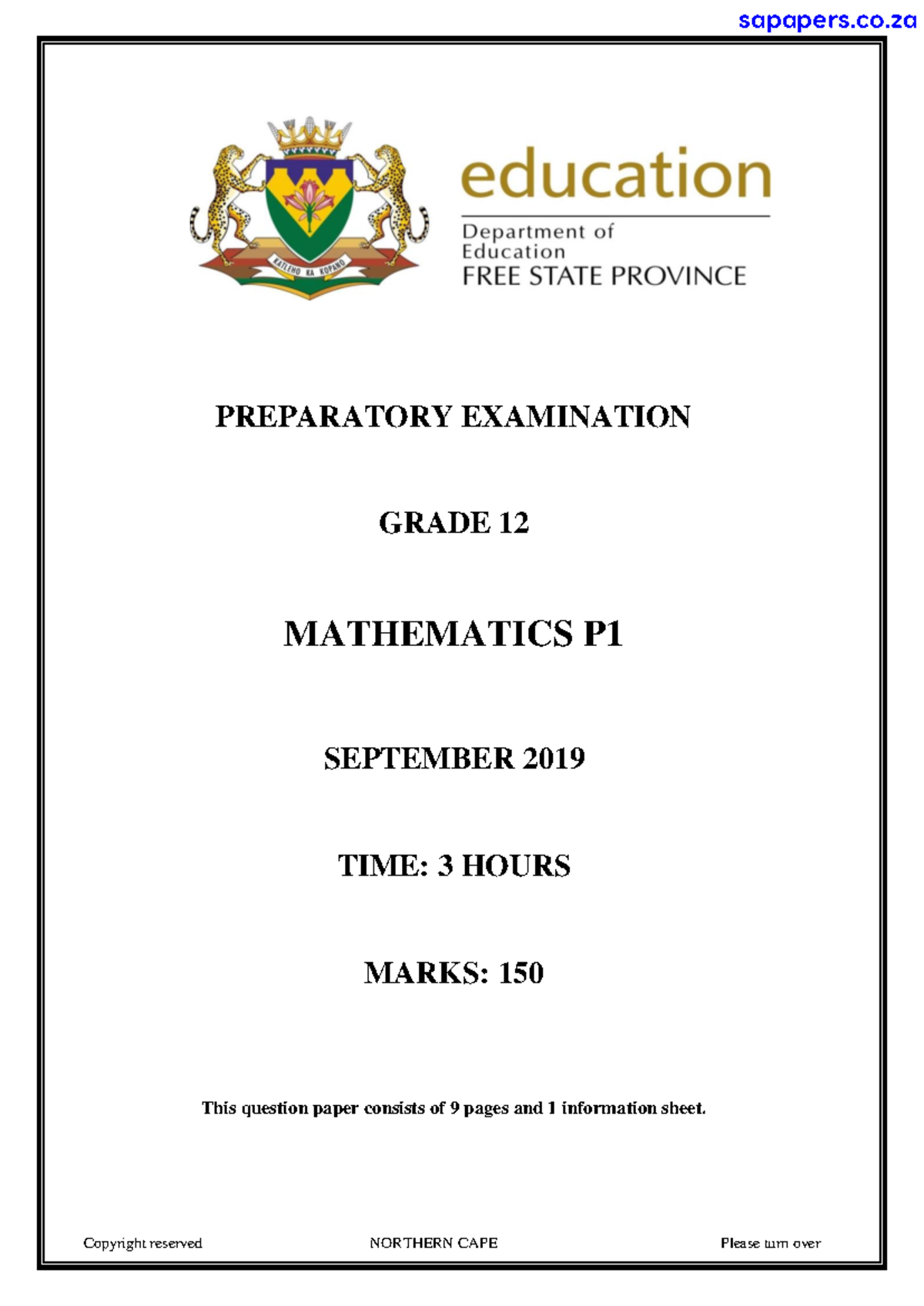 2019 Grade 12 FS Mathematics Prelim P1 Question Paper for Practice ...