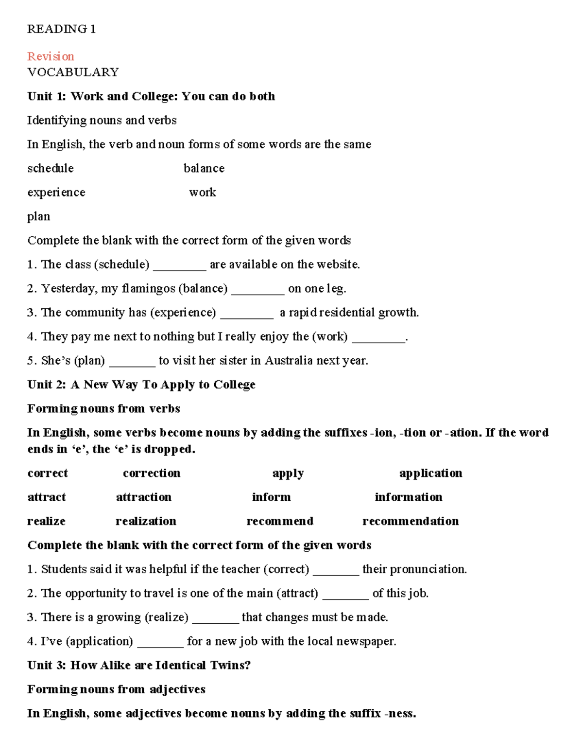 Reading 1: Vocabulary Units and Exercises for Language Learning - Studocu