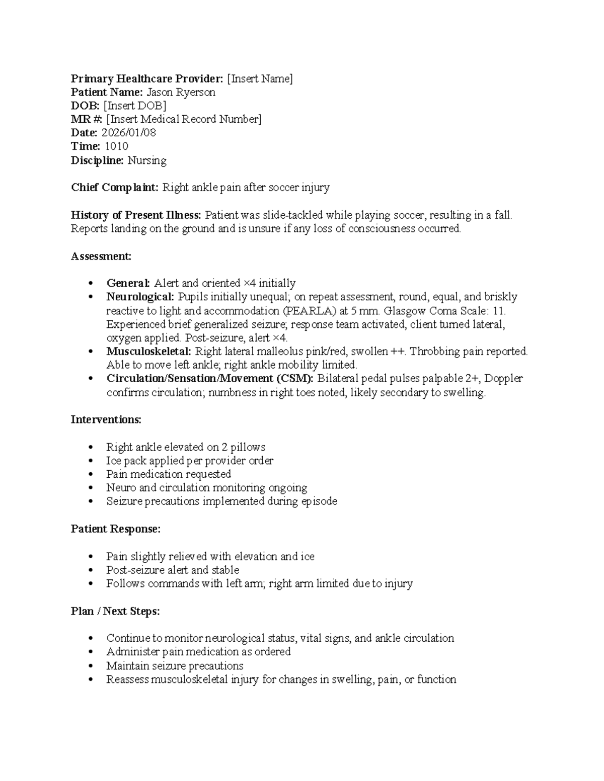 Nursing Case Study: Ankle Injury Assessment & Interventions - Studocu