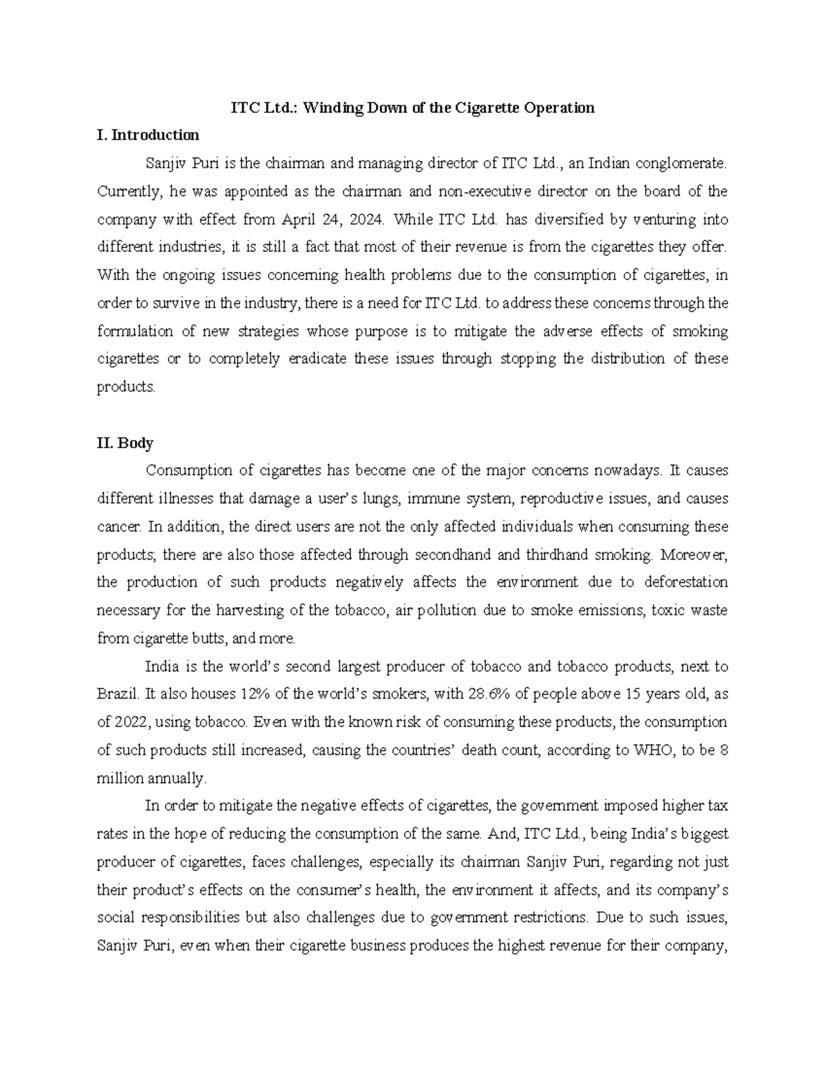 Case Study Analysis ITC Ltd - ITC Ltd.: Winding Down of the Cigarette ...
