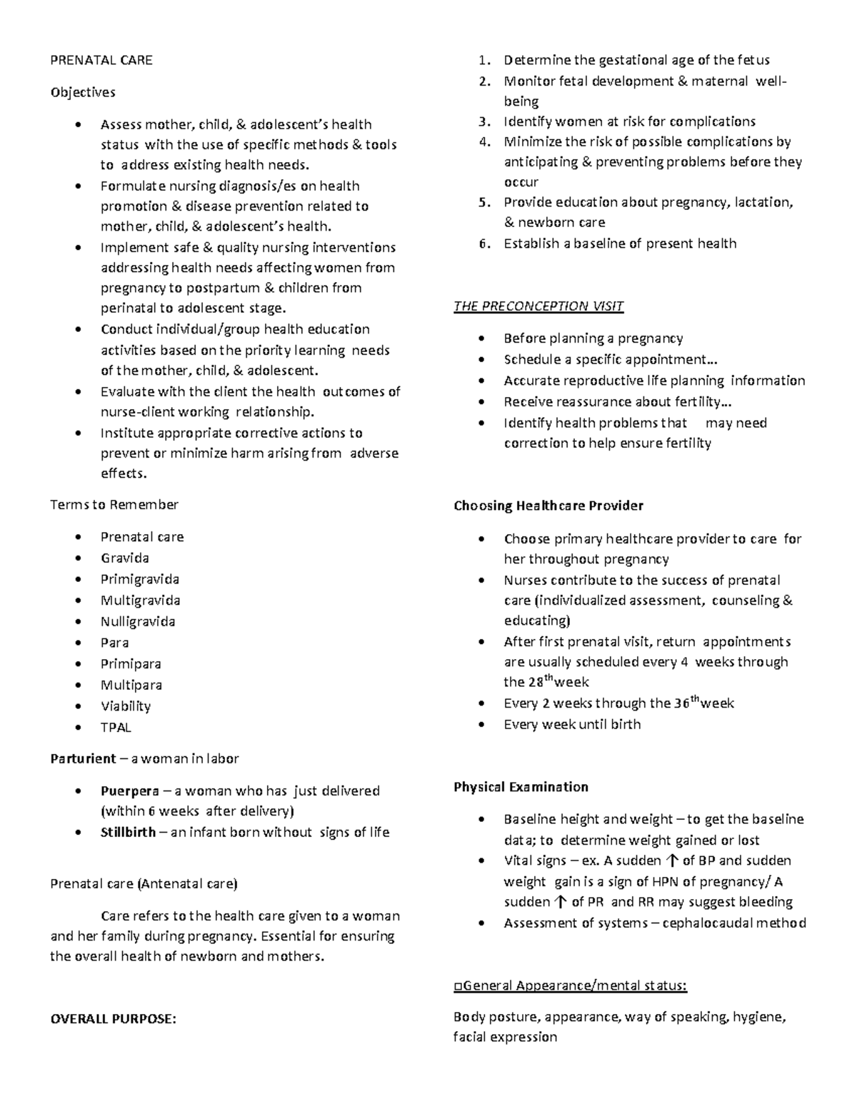 Prenatal Care Guidelines and Nursing Interventions - PN101 - Studocu