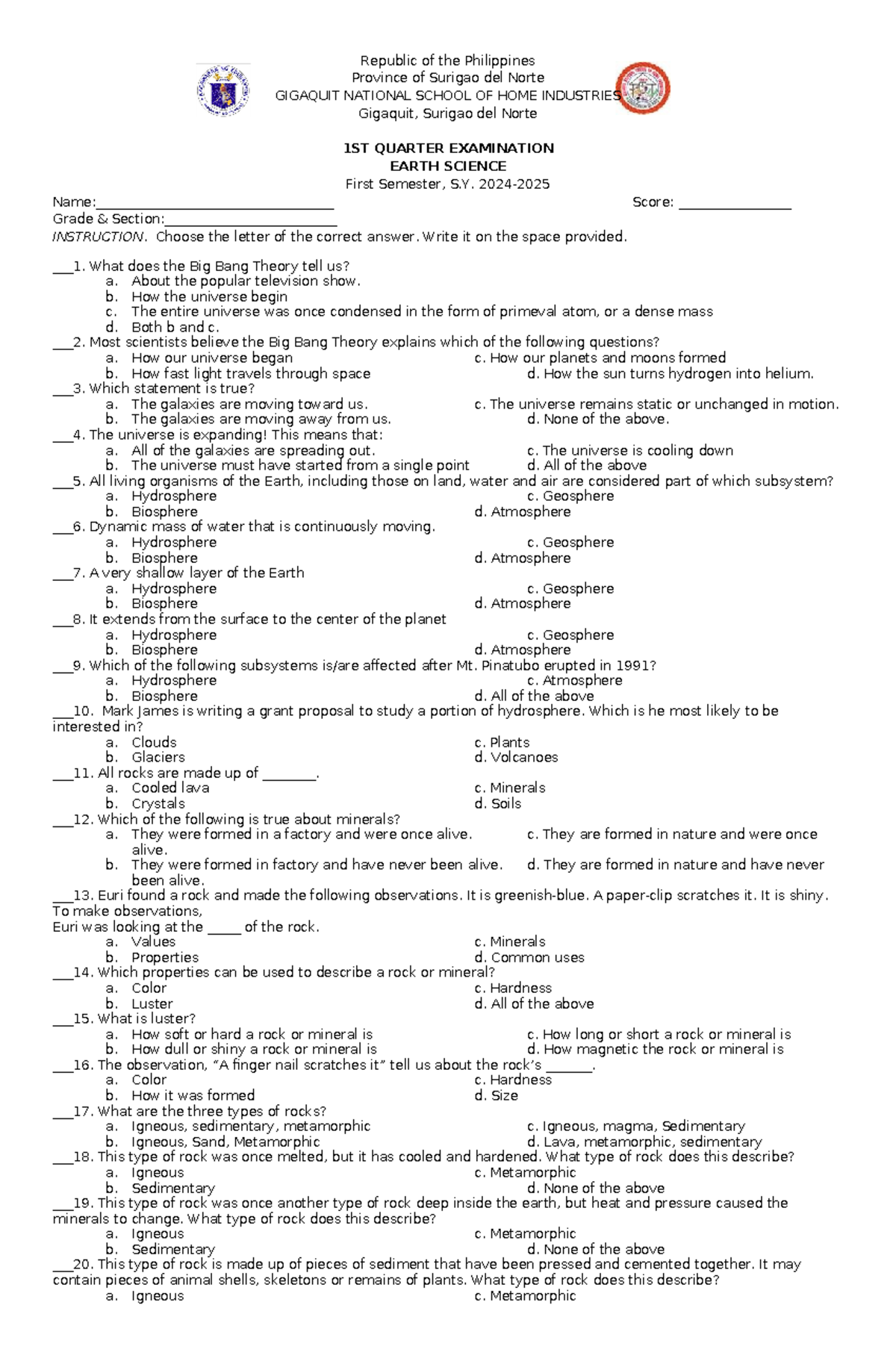 ES-Midterm Exam: Earth Science Test Questions & Answers - Studocu