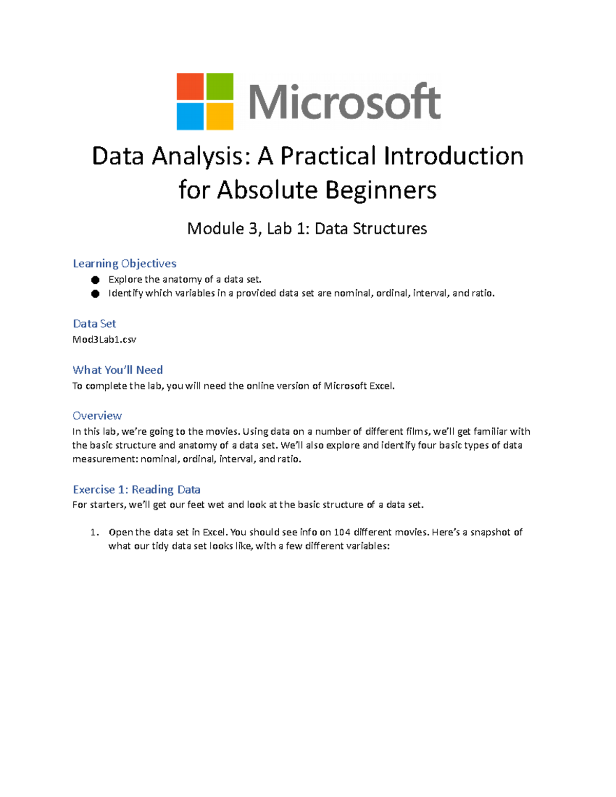 Mod3Lab1 - .... - Data Analysis: A Practical Introduction for Absolute Beginners Module 3, Lab 1 ...