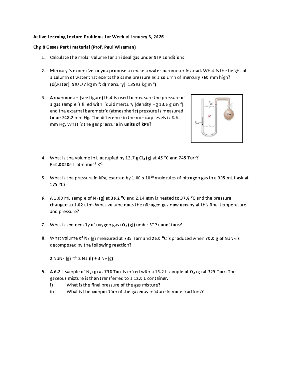 Active Learning Lecture Problems: Gases Chp 8 (Week of Jan 5, 2026 ...