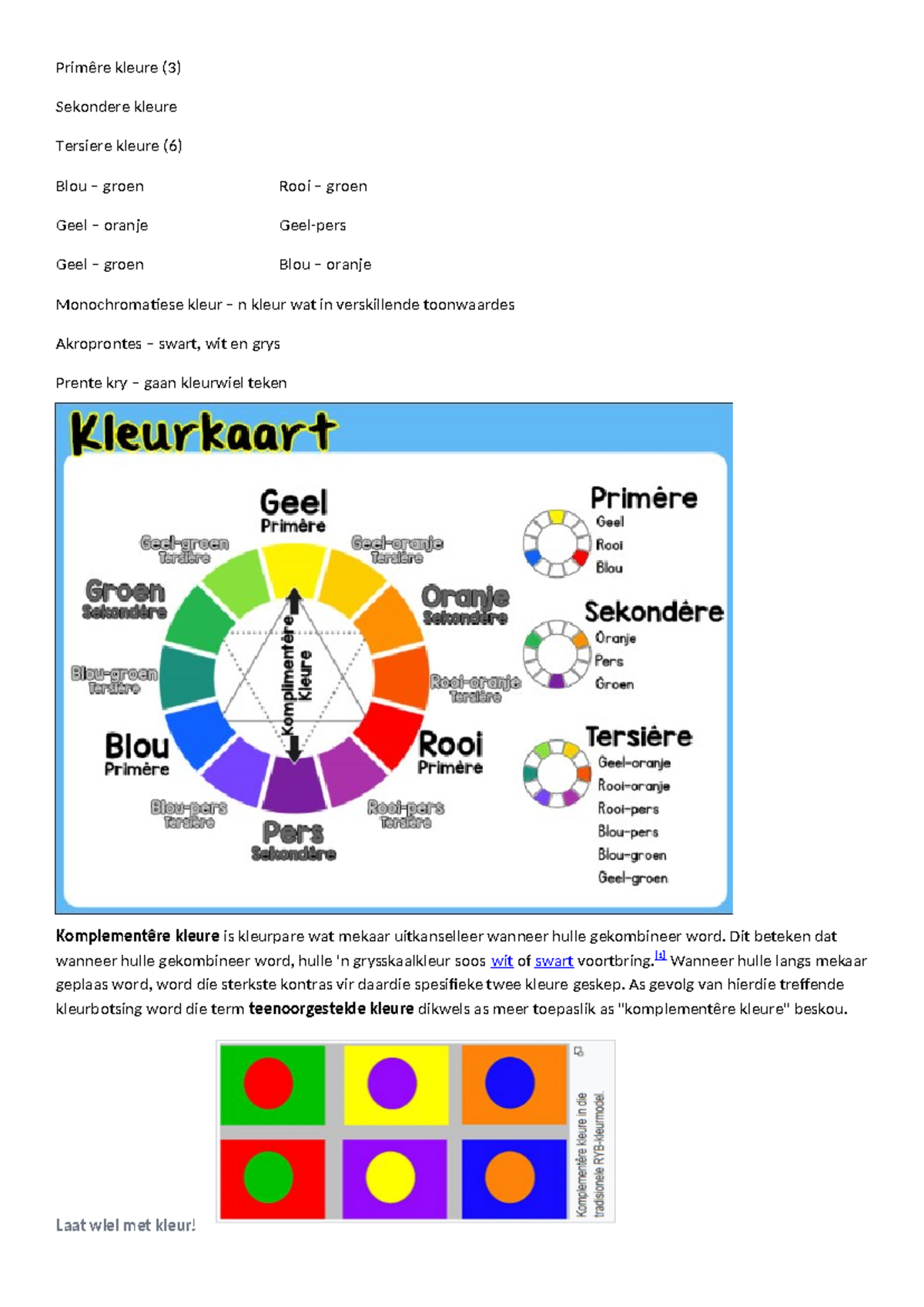 Primêre Kleure en Kleurwiel - Kleurteorie en Menging - Studocu