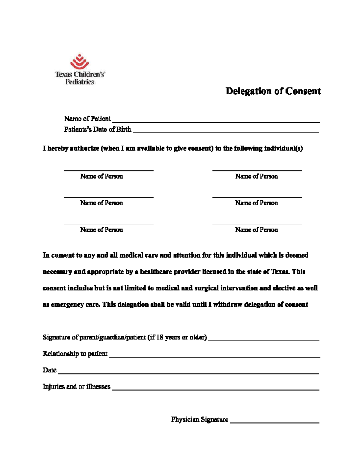 Doctors NOTE - whty - Texas Pediatrics Delegation of Consent Name of ...