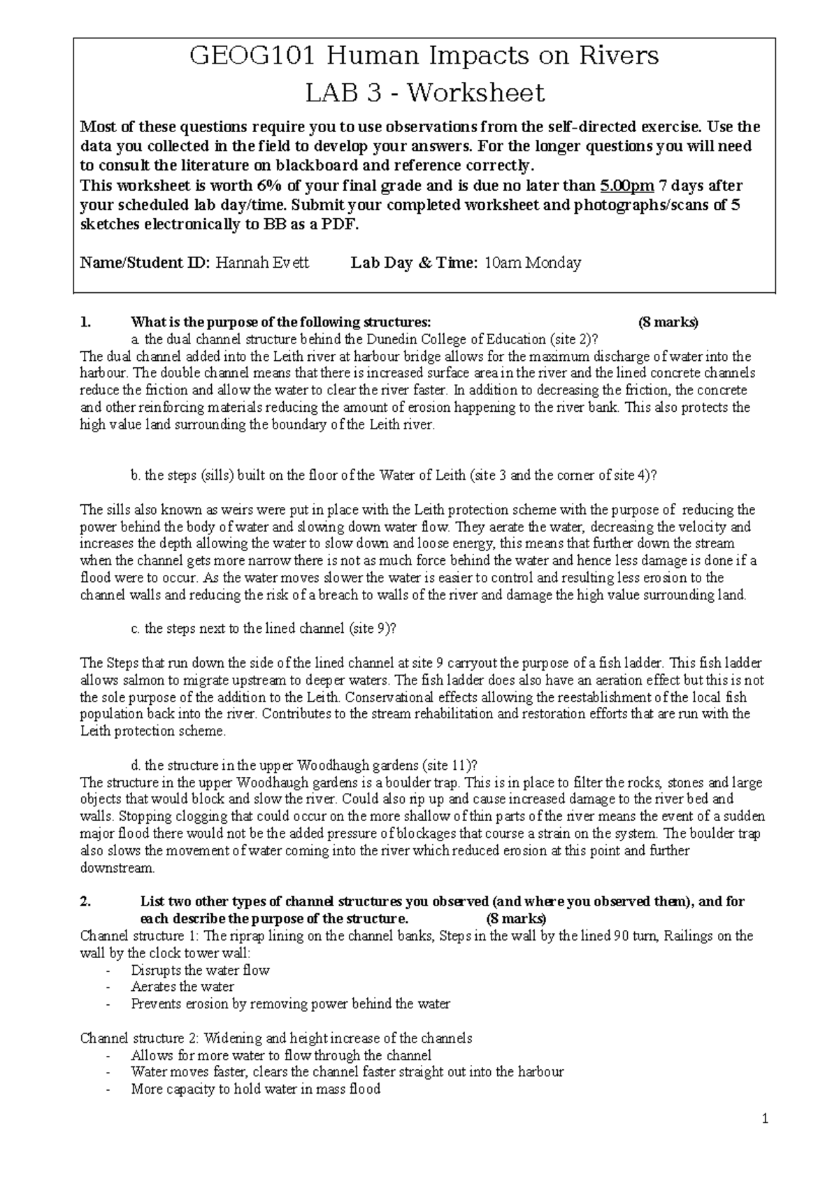 GEOG101 Human Impacts on Rivers 2022 Lab 3 Worksheet & Analysis - Studocu