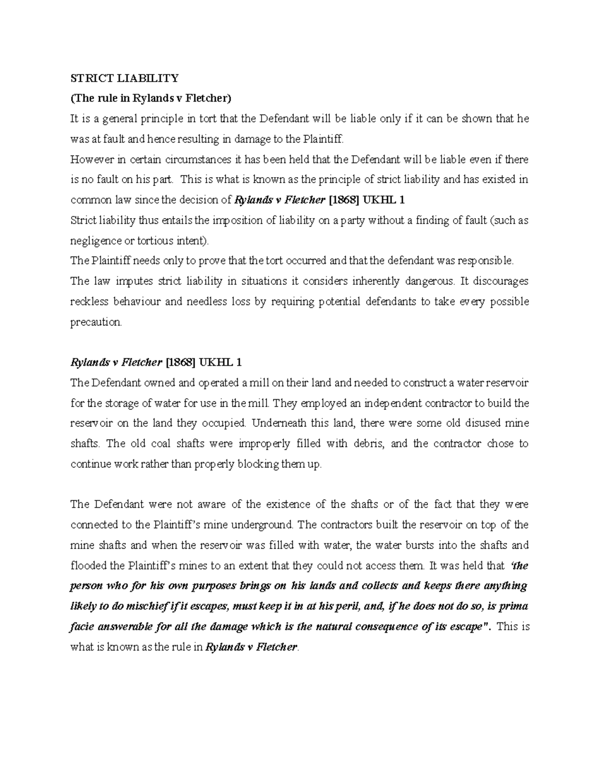 Strict Liability - Lecture Notes on Rylands v. Fletcher Principle - Studocu
