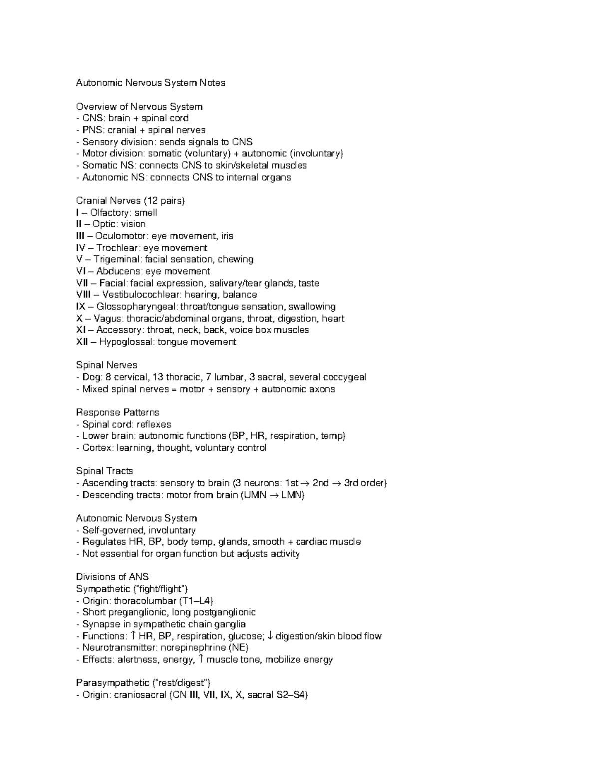 Autonomic Nervous System Notes (CNS & PNS) Overview - Studocu