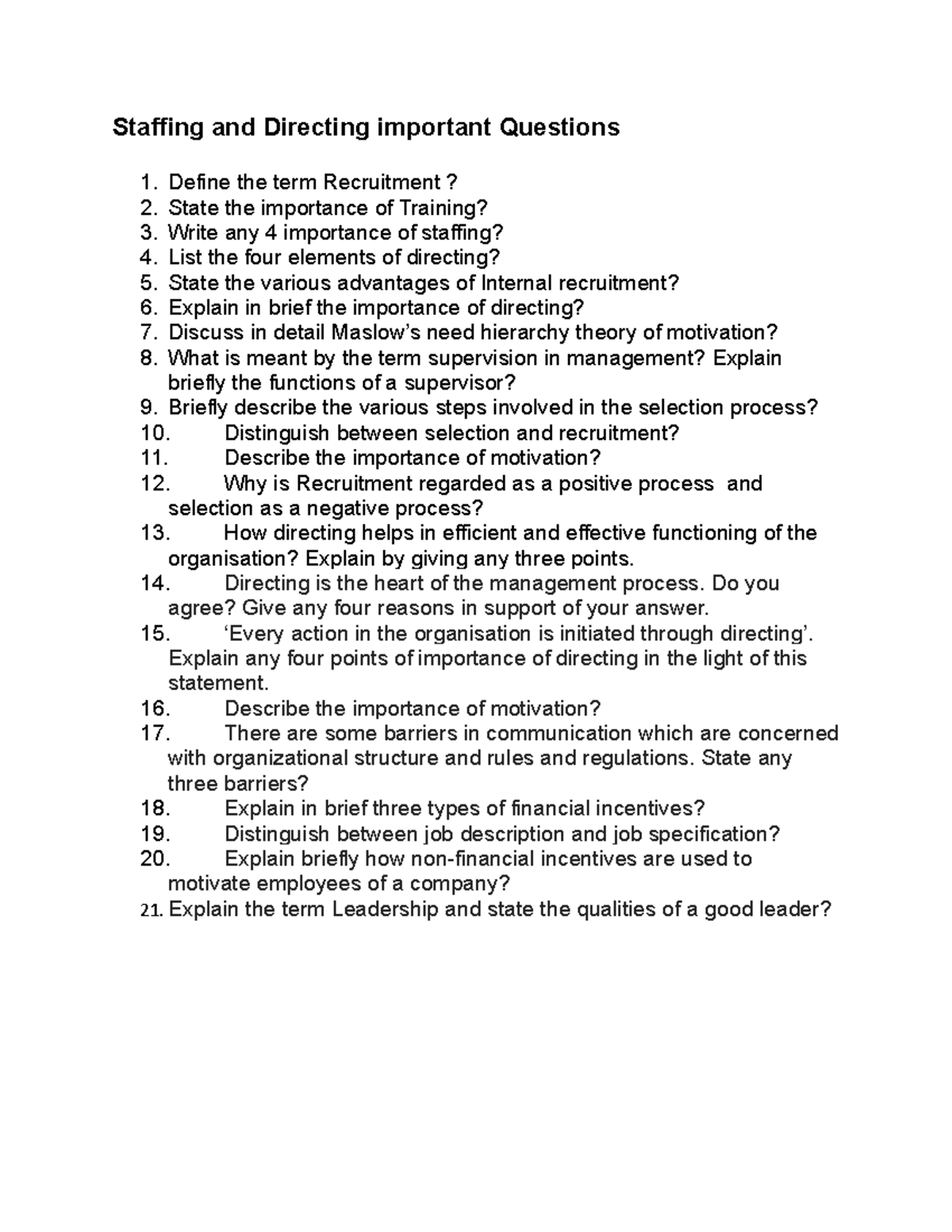 Staffing and Directing: Key Questions and Concepts Review - Studocu