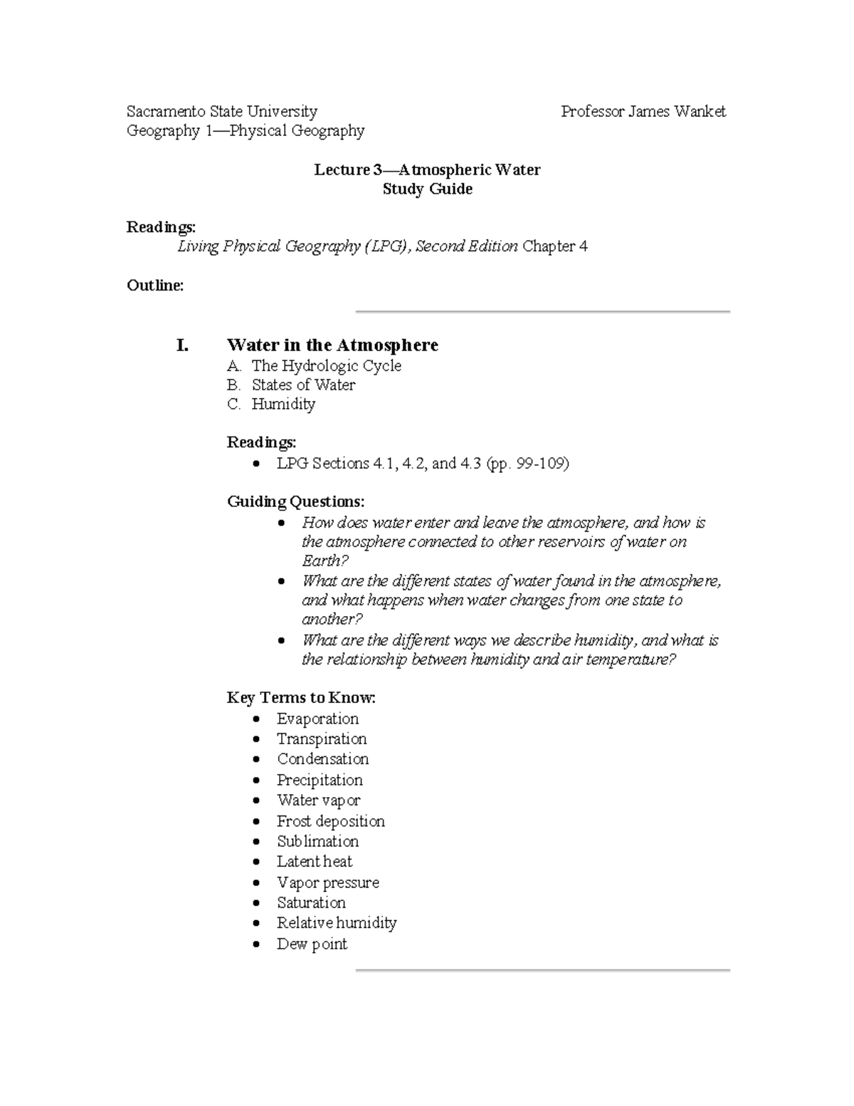 Lecture 3 Study Guide: Atmospheric Water - Geography 1 (LPG Ch. 4 ...