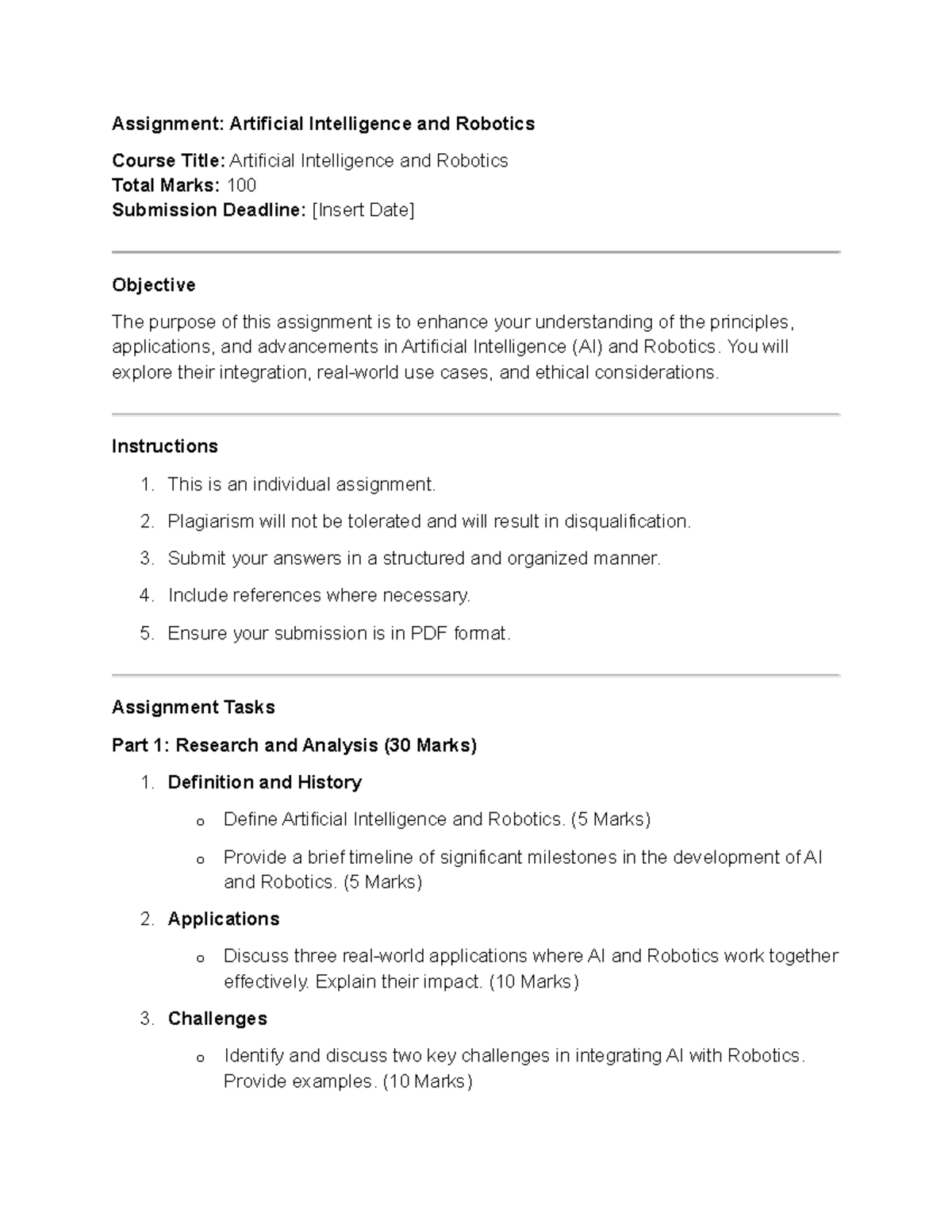 Ai and Robotics Assignment task 20231 - Assignment: Artificial Intelligence and Robotics Course ...